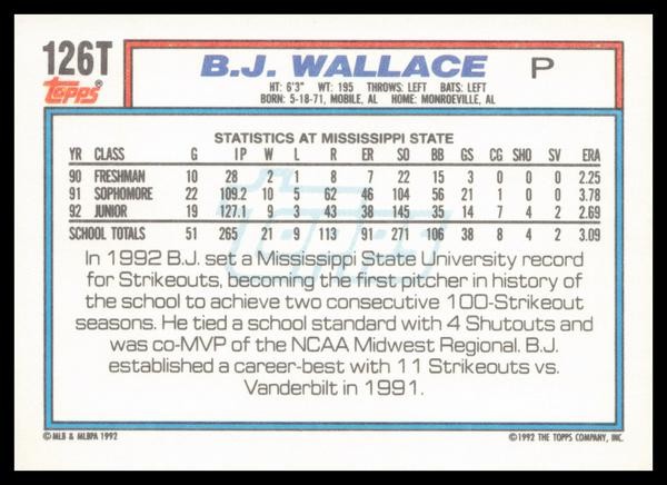 1992 Topps Traded #126T B.J. Wallace Baseball Card | eBay