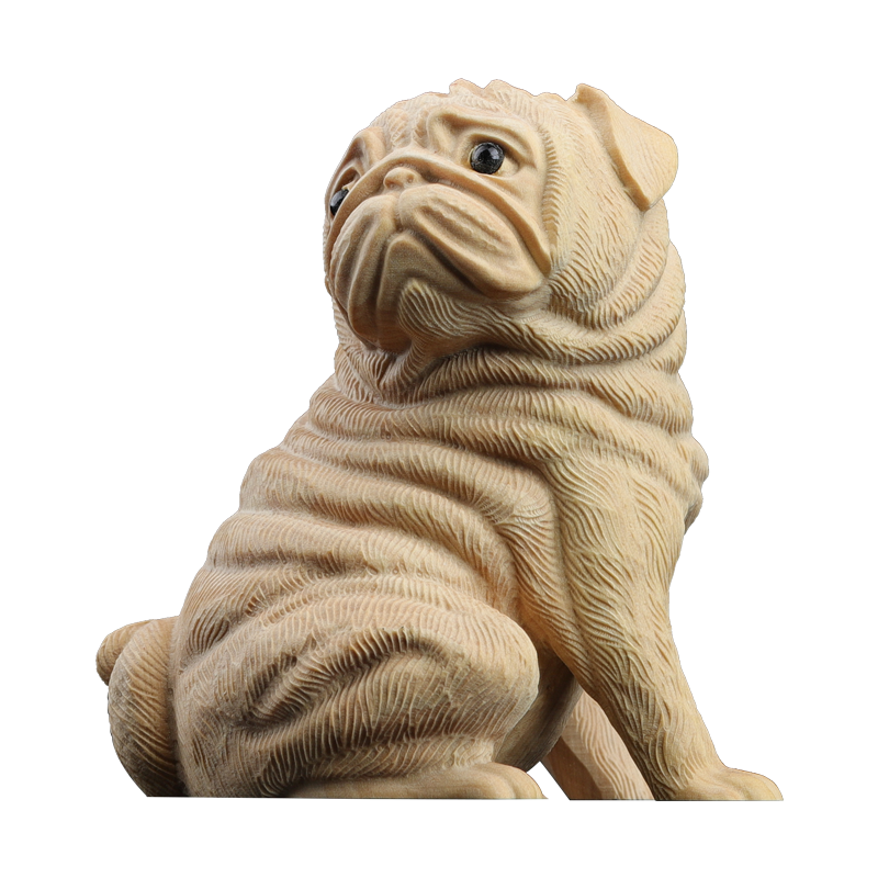 6cm Boxwood Pug Dog Sculpture Wood Carving Puppy Animal Statue Lucky ...