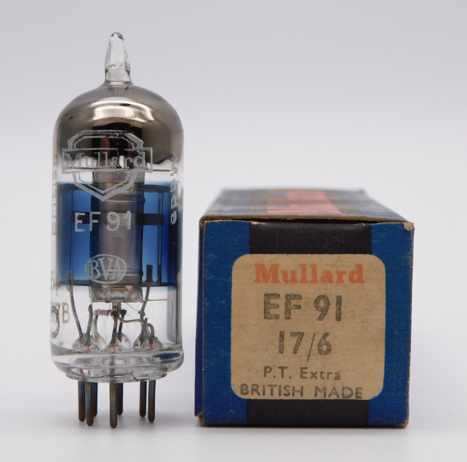Mullard British Made EF91 Blue Glass Square Getter Valve Tube NOS Boxed ...