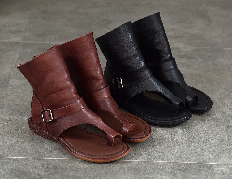 Women Round Toes Flat Boots Belt Buckle Leather Short Boots Summer ...