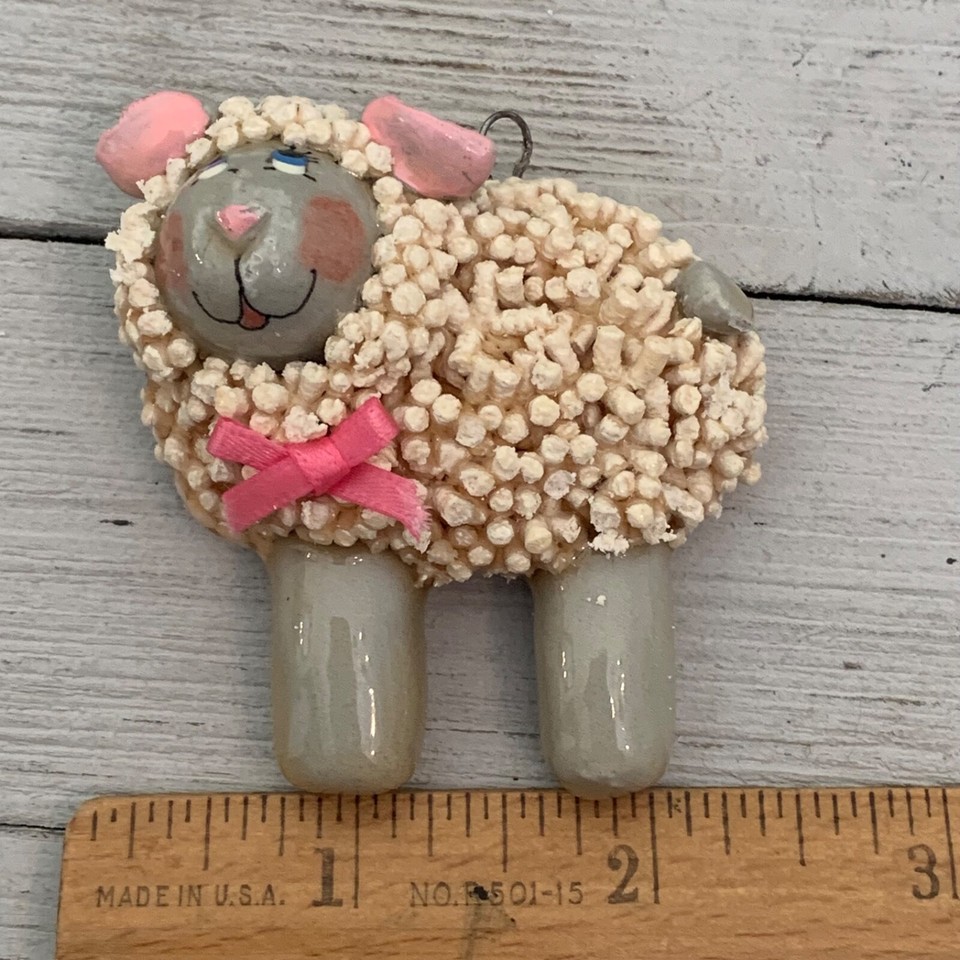 Darling VTG 70s Salt Dough Ornament Girl Sheep W Blue Eyes Pink Cheeks ...