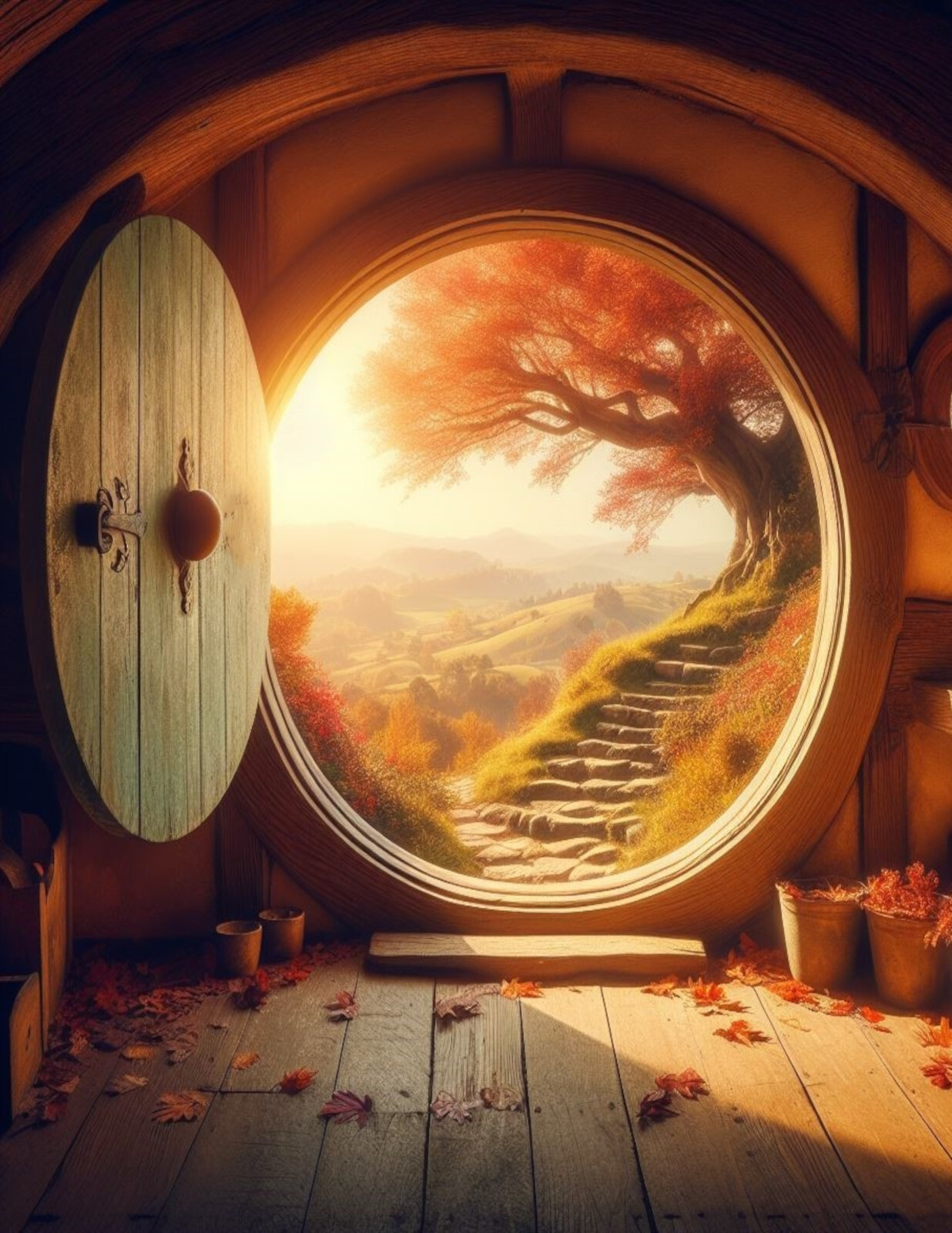 Hobbit Door Hole hovel Home Lord of the rings Autumn Tree leaves Art ...