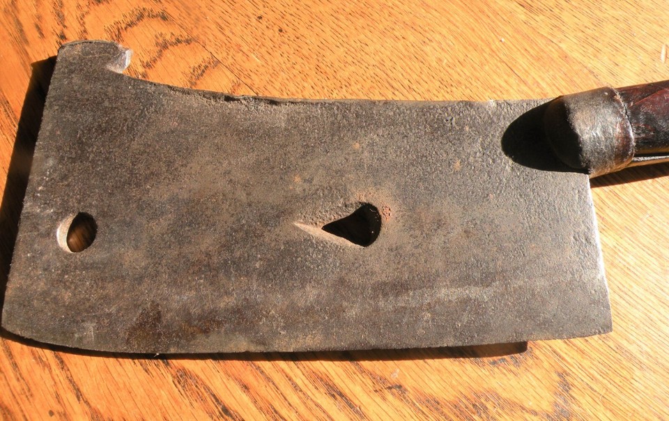 Primitive ANTIQUE MEAT CLEAVER Cast Iron Blade Wood Handle 13.5 ...