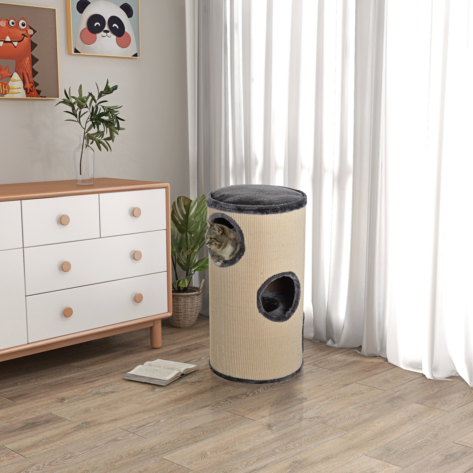 Cat Scratching Barrel with Condo Kitten Bed Scratcher Beige, 70cm, Grey ...