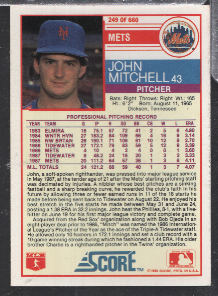 John Mitchell Mets Autographed 1988 Score #249 w/COA 010424NPCD91 | eBay