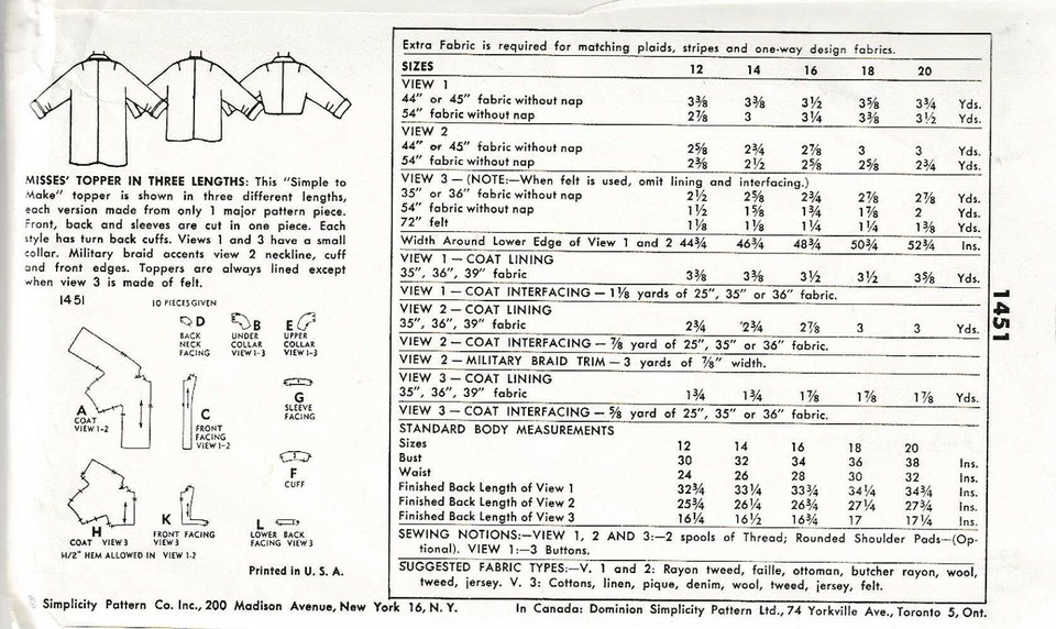 Simplicity Vintage Pattern 1451 ©1955 Misses' Topper in Three Lengths ...