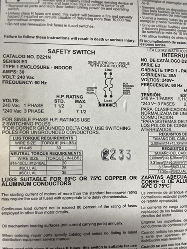 Square D D221N, Ser E2, 30A, 240VA, 2P3W,SAFETY SWITCH FUSIBLE ...