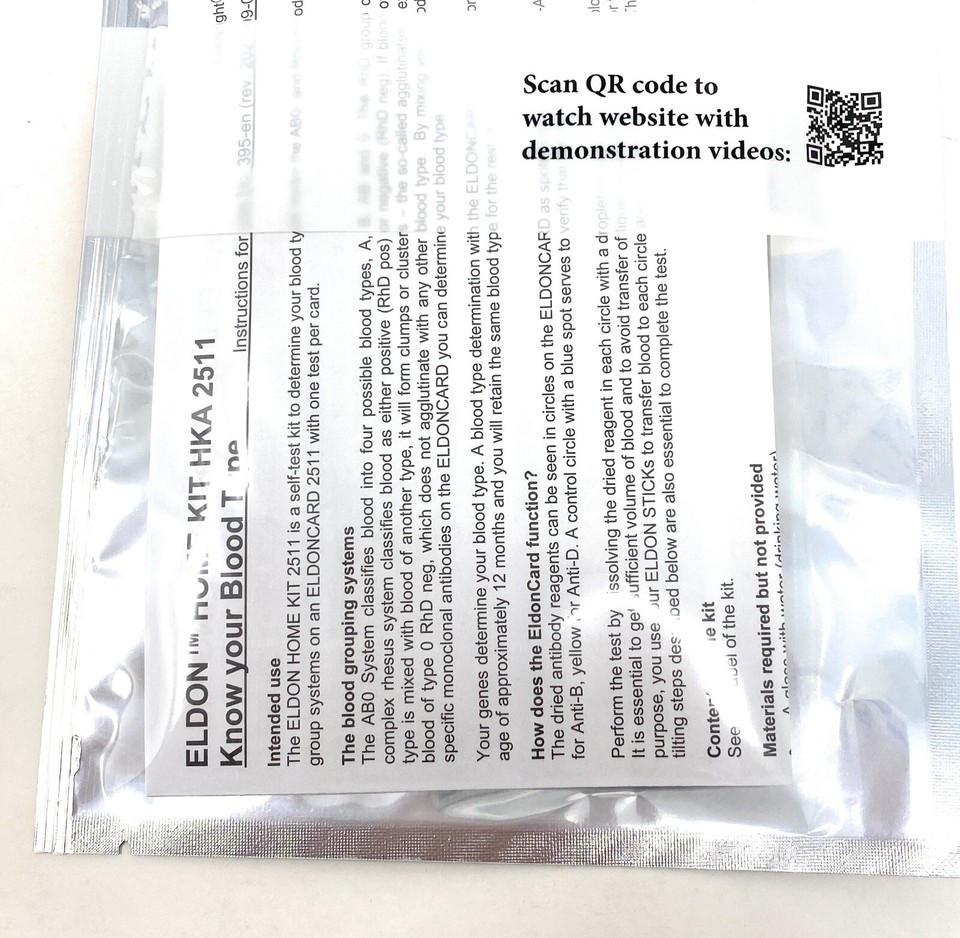 NEW Eldoncard Home Blood Type Testing Kit for ABO and RHD Blood Groups ...