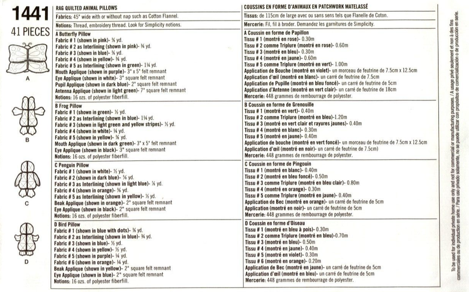 Simplicity Sewing Pattern 1441 Butterfly Pillow Frog Bird Penguin Plush ...
