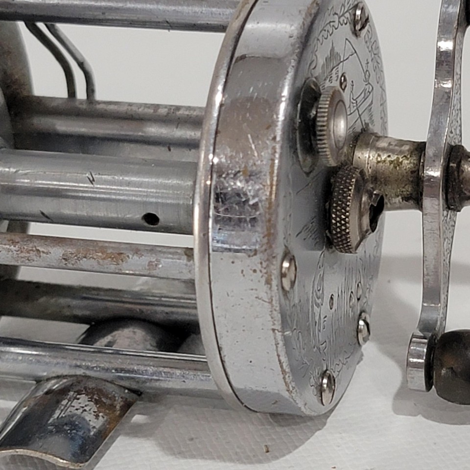 Vintage Mohawk Fishing Reel Engraved Metal Baitcasting Angler Scene ...