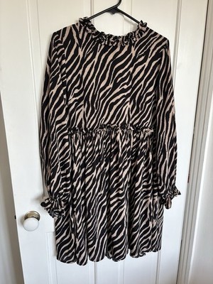 Y.A.S Zebra Print Smock Dress Size M Frill Neck Long Sleeve Mini Scandi ...