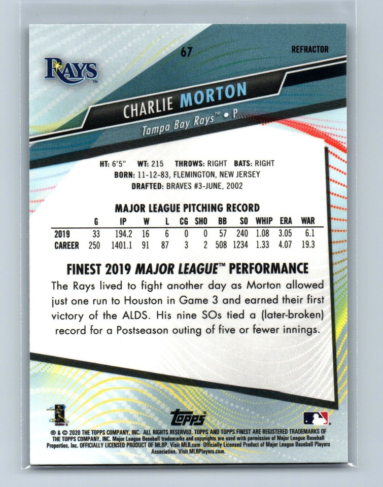 2020 Topps Finest Base Refractor #67 Charlie Morton - Tampa Bay Rays | eBay