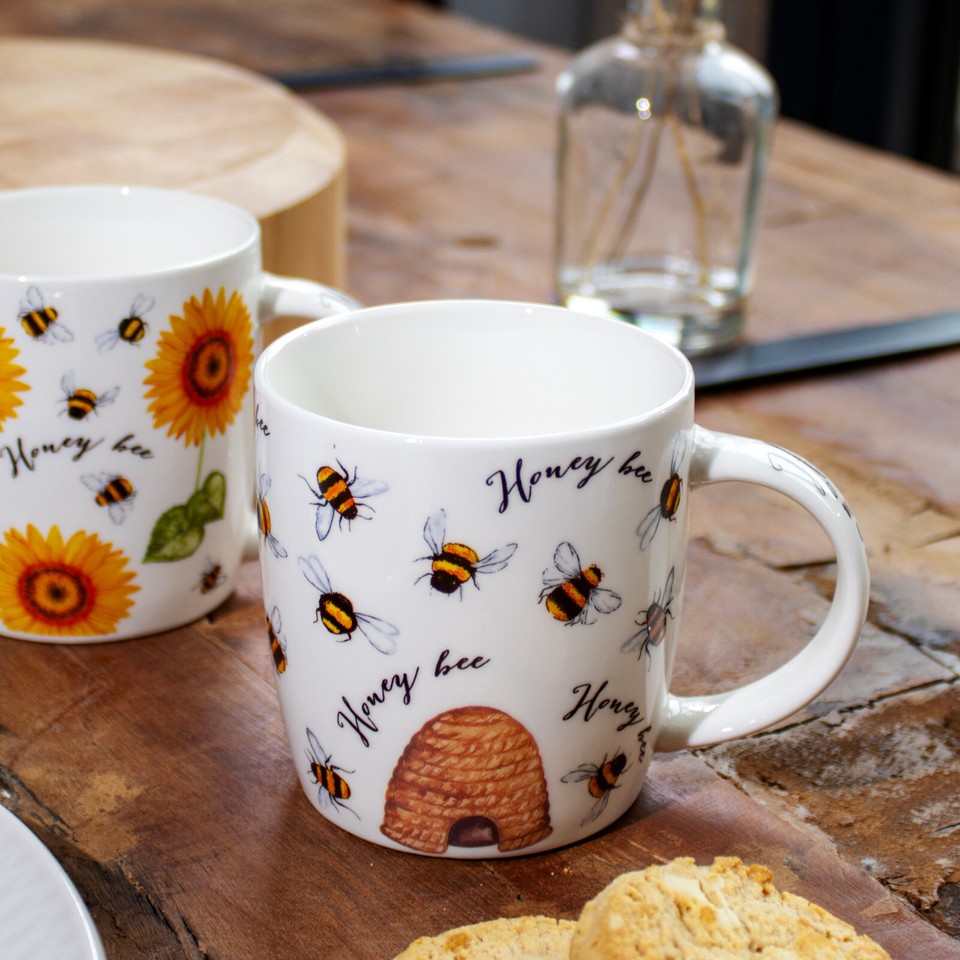 Set Of 4 Honey Bee Mugs Fine China 350ml Sunflower Bumblebee Hive ...
