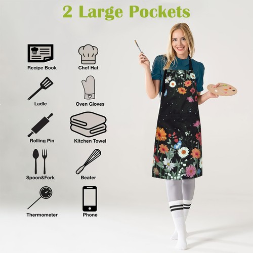 Kitchen Aprons Women Floral Adjustable Adults Waterproof With 2 Pockets ...