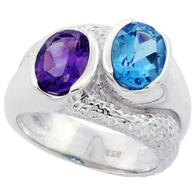 Women Sterling Silver Rhodium Plated, Oval Violet Purple Light Blue ...