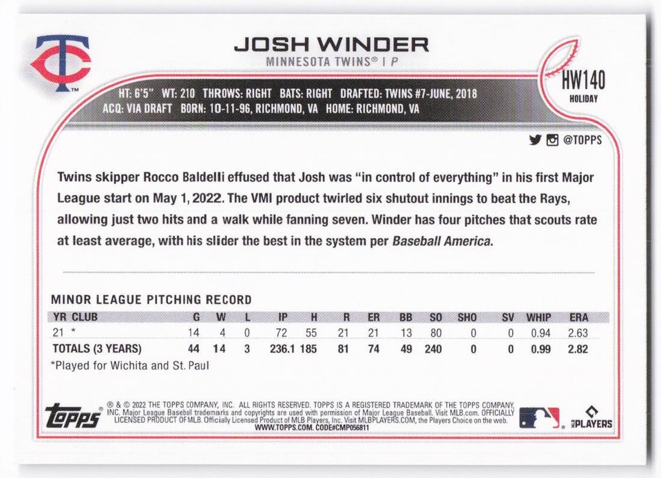 2022 Topps Holiday Josh Winder RC Rookie Card | eBay