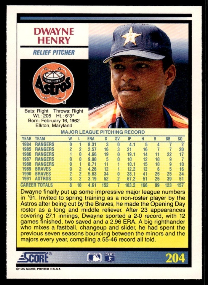 1992 Score Baseball Card Dwayne Henry Houston Astros #204 | eBay