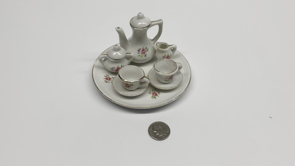 VNTG Miniature Porcelain Dollhouse Tea Set 10 Piece Rose Floral Design ...