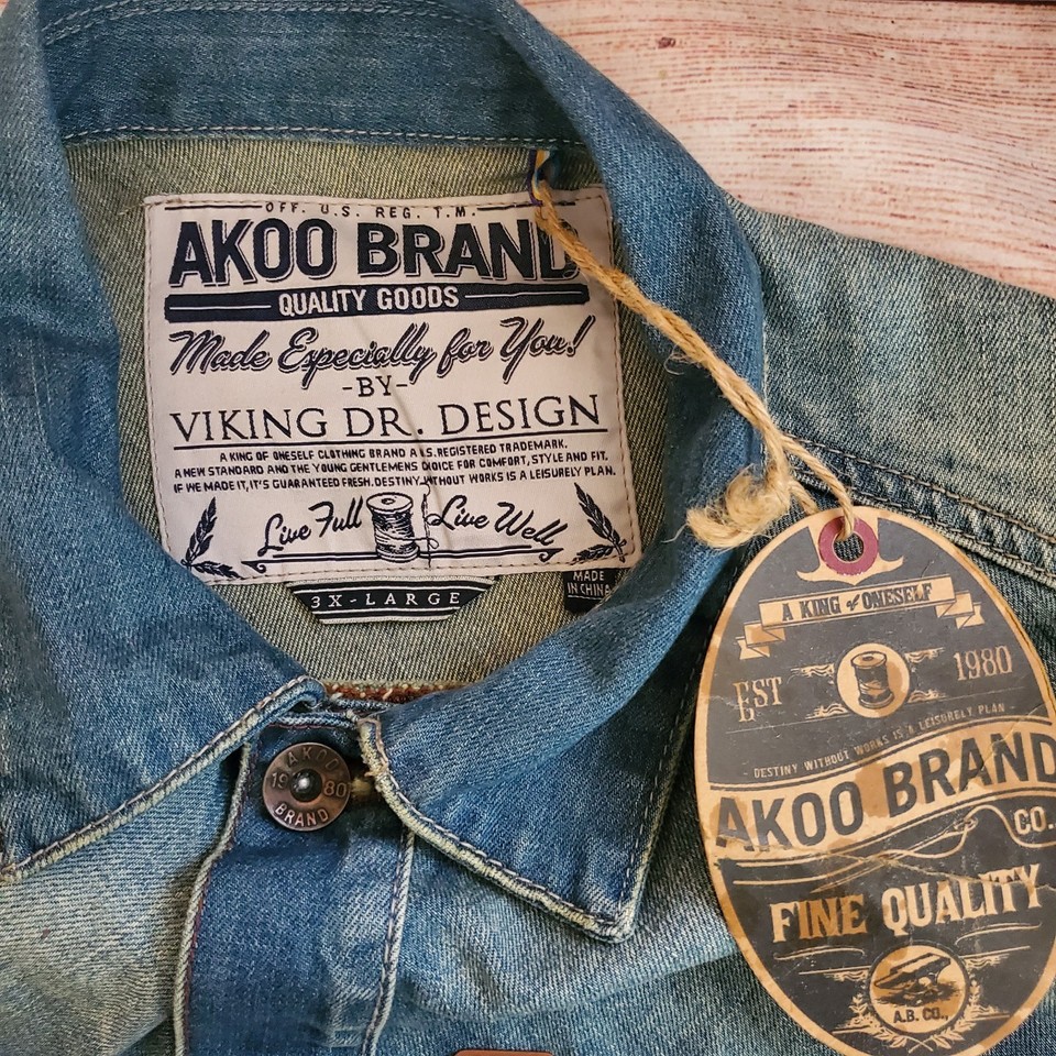 NWT AKOO Brand Mens 3XL Denim Jean Trucker Jacket w/ Patches | eBay