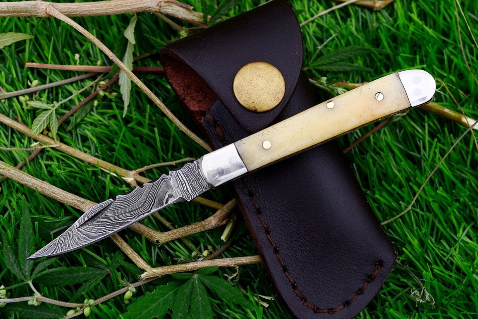 HAND FORGED Damascus Steel Mini Trapper Folding Pocket Knife Bone ...