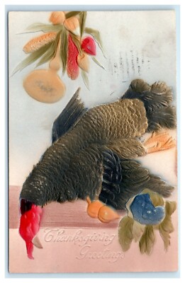 POSTCARD Thanksgiving Greetings Dead Bird Turkey Fall Deco 1909 ...