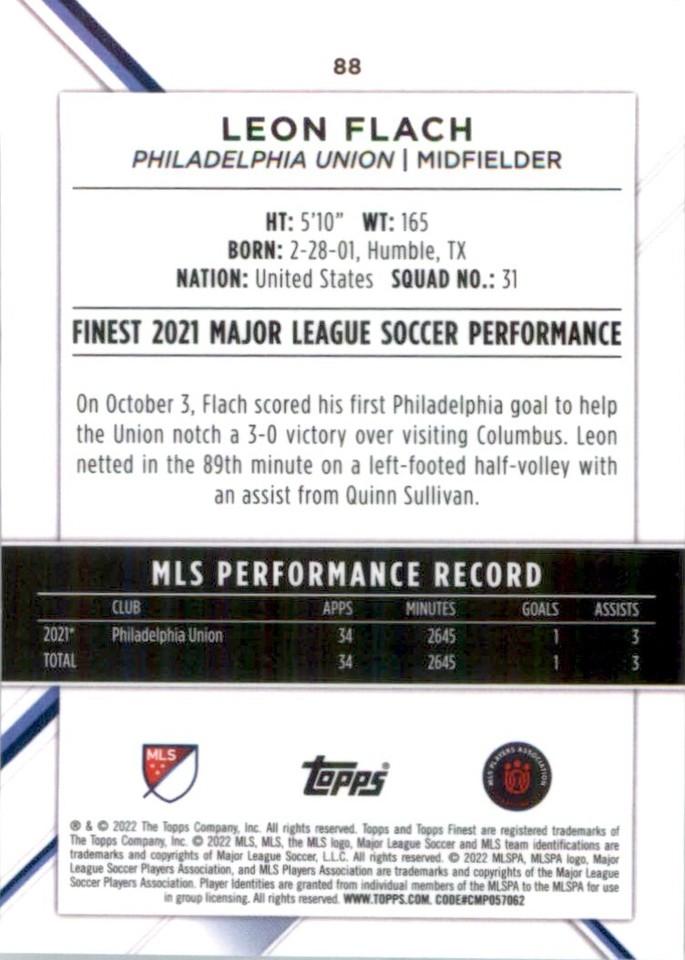 2022 Topps Finest MLS Leon Flach RC Philadelphia Union #88 | eBay