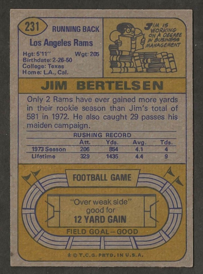 1974 Topps #231 JIM BERTELSEN Los Angeles Rams ROOKIE - TEXAS LONGHORNS ...