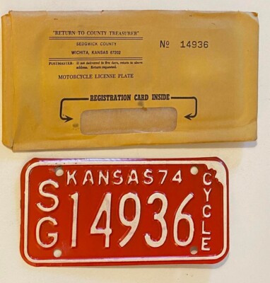 Kansas 1974 SEDGWICK COUNTY MOTORCYCLE License Plate # SG 14936 | eBay