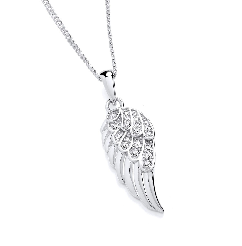 925 Sterling Silver Simulated Diamond Angel Wing Pendant Necklace + 16 ...
