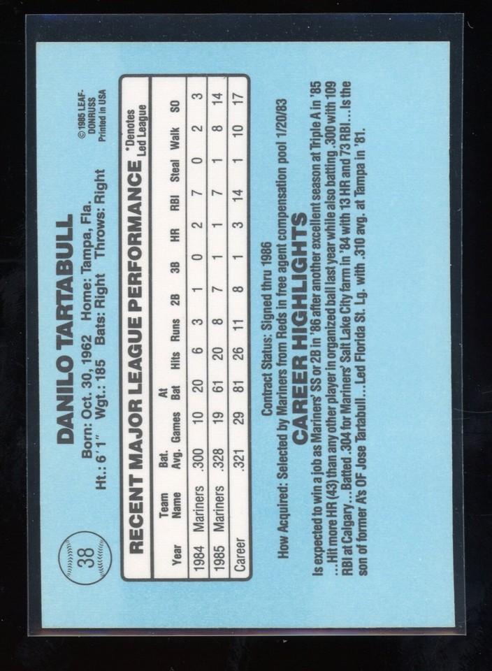 1986 Donruss Danny Tartabull #38 Rated Rookie Baseball Card RC Seattle ...