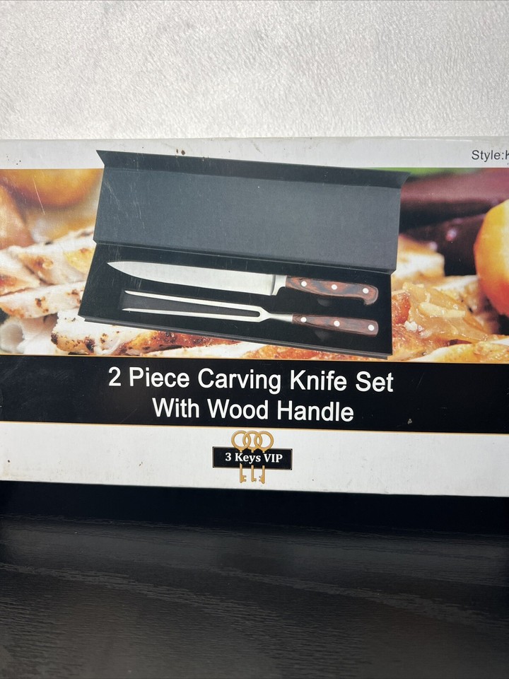 3 Keys VIP 2-Pc. Carving Set w/Silver Case Knife Fork Wooden Handles ...