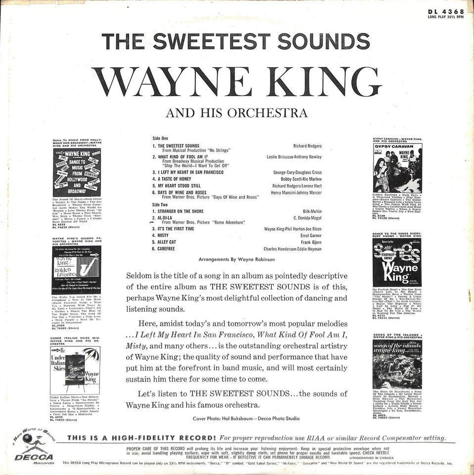 Decca Wayne King The Sweetest Sounds Vinyl Record LP DL 4368 Orchestra ...