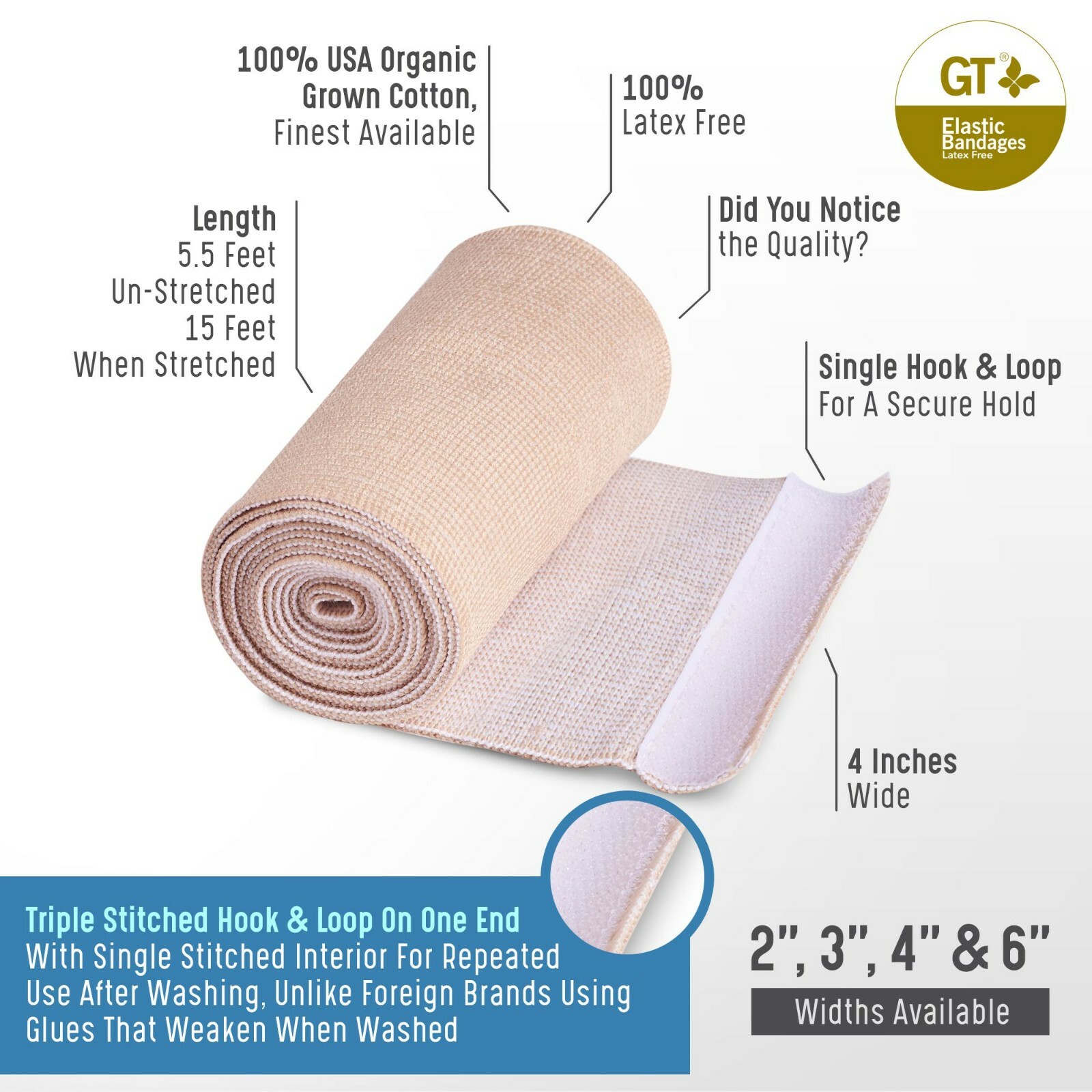GT Organic Cotton Elastic Bandages 2x4" & 2x3" Pack Hook & Loop Closure ...