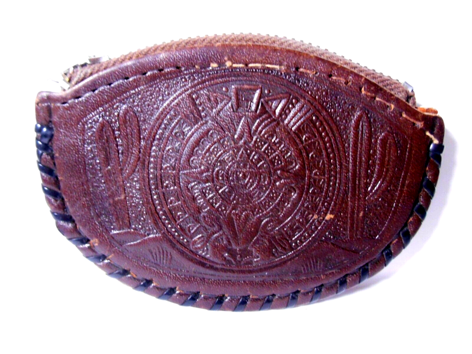 VTG Unisex Handmade Leather Mexican Coin Purse Pouch Wallet 4.25" Aztec ...