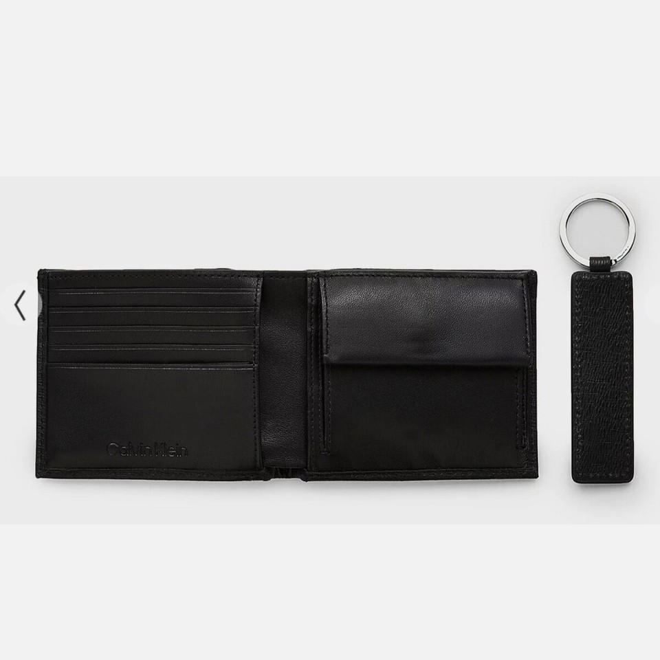 Calvin Klein CK Mens Black Leather Logo Billfold Coins Wallet & Keyring ...