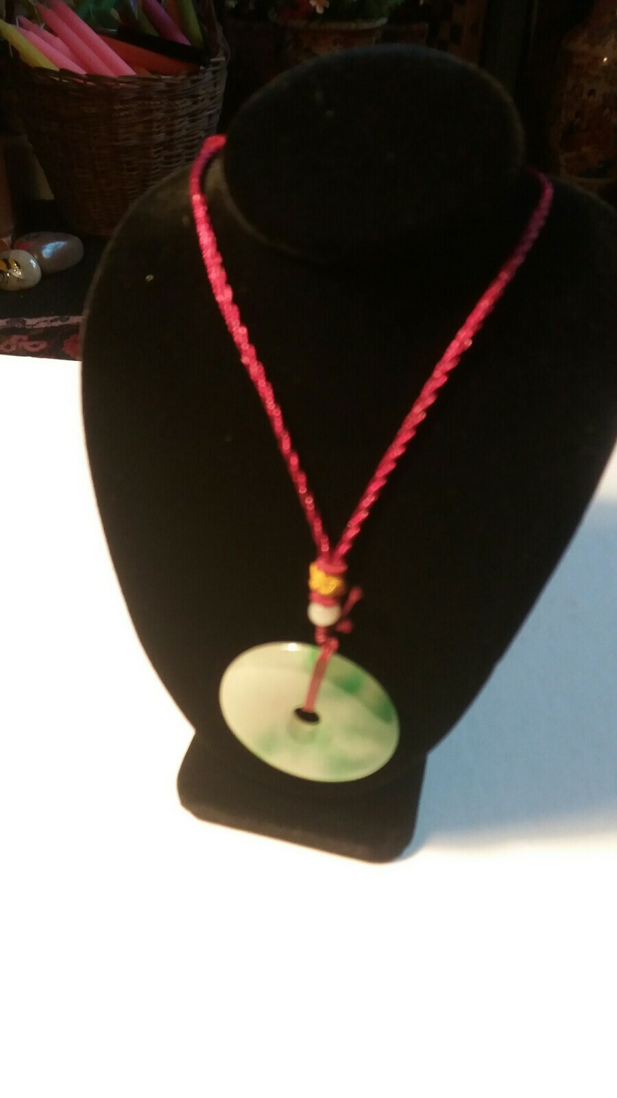 Red Rope Necklace With A Green Mottled Large Bead | eBay UK