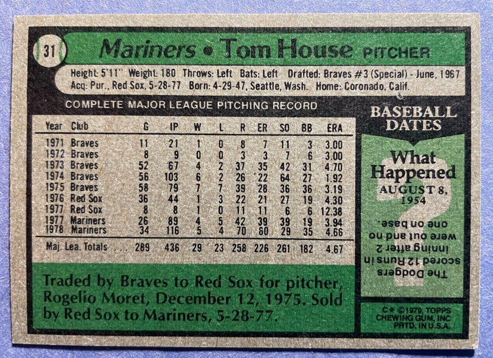 SIGNED TOM HOUSE AUTOGRAPHED 1979 BASEBALL CARDS - MARINERS | eBay