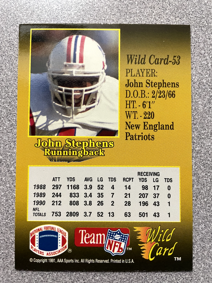 1991 Wild Card John Stephens 5 Stripe Parallel Card #53 New England ...