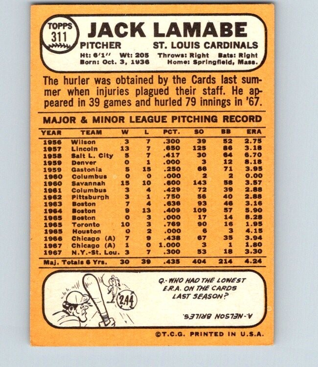 1968 TOPPS BASEBALL #311 JACK LAMABE MID GRADE JG | eBay