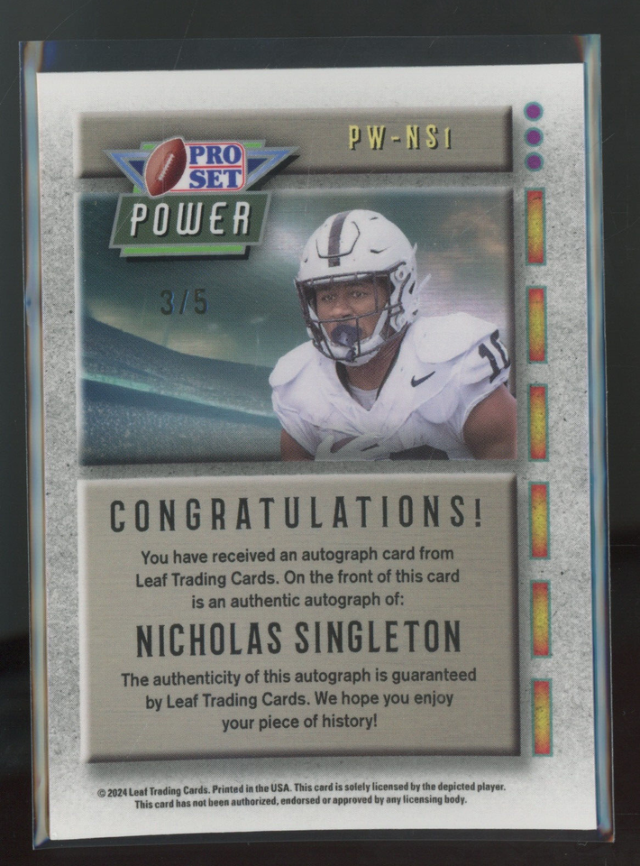 2024 Pro Set Power Black Crystal Nicholas Singleton 3/5 RC Rookie Auto ...