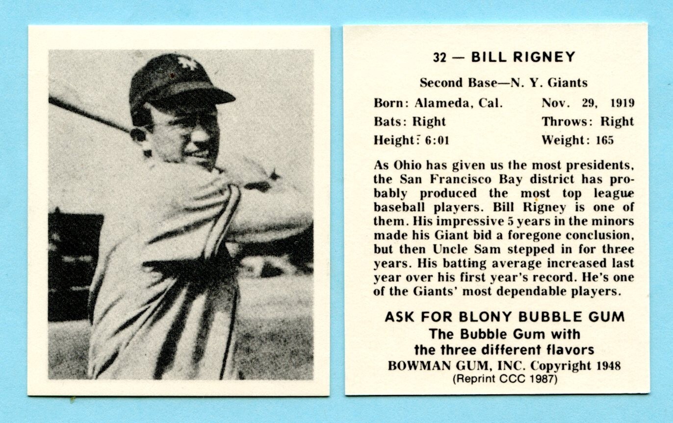 1948 Bowman Baseball Reprint # 32 Bill Rigney -- New York Giants | eBay