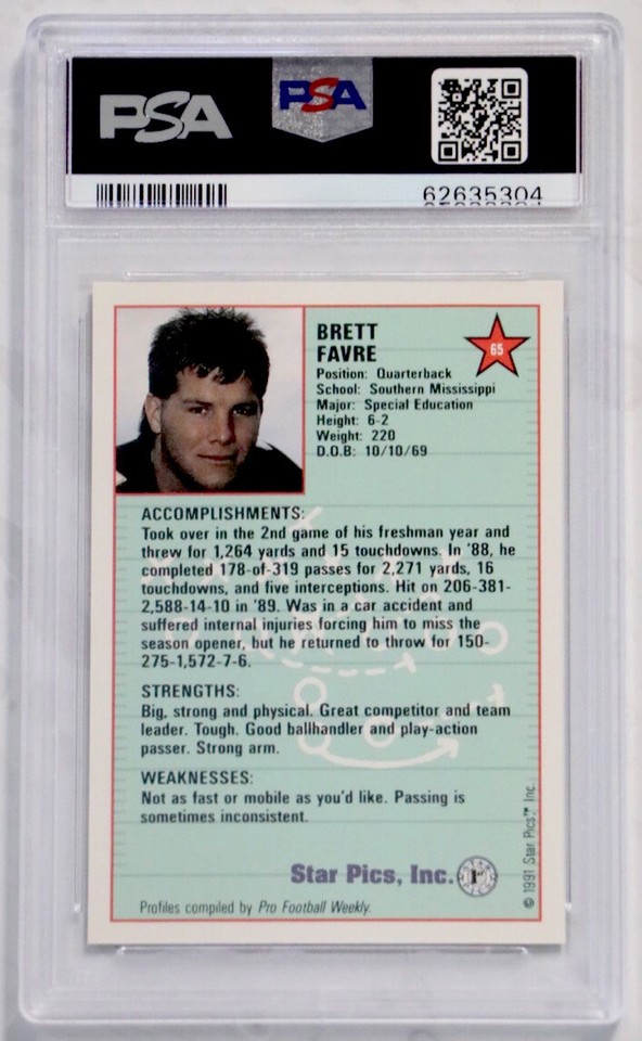 1991 Star Pics Brett Favre Rookie RC #65 PSA 10 GEM MT HOF Falcons ...