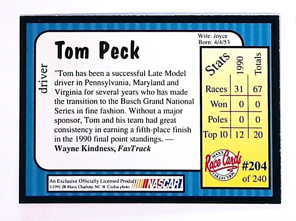 1991 Maxx Racing Card #204 Tom Peck | eBay