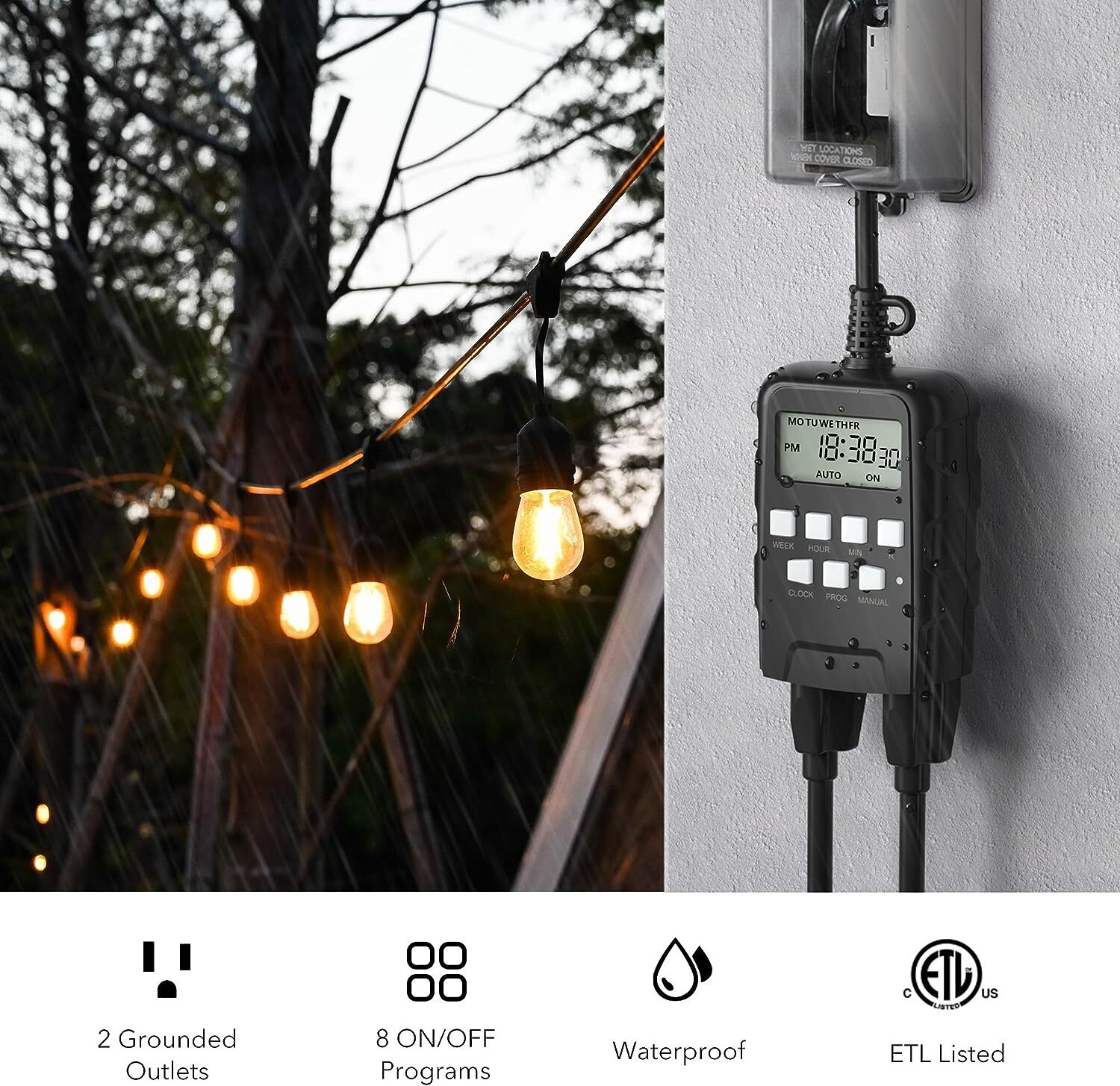 BN-LINK 7 Day Outdoor Heavy Duty Digital Programmable Timer Dual Outlet ...