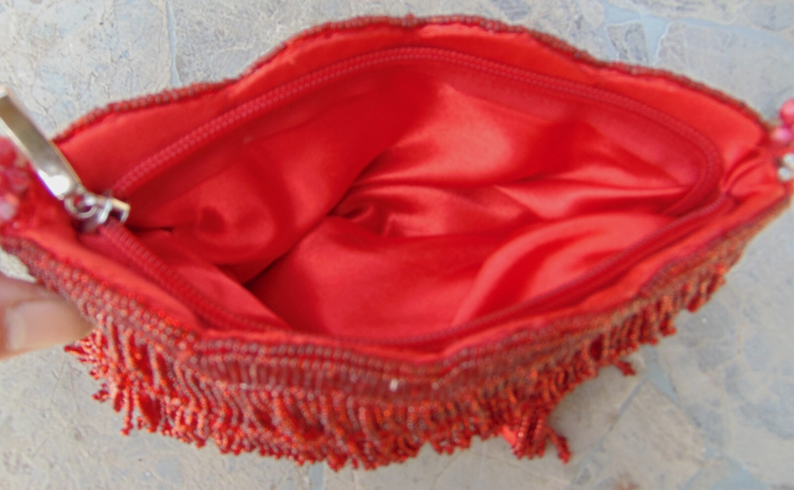 FULLY BEADED RED FRINGED PURSE WITH BEADED HANDLE ~ Measures 5" x 8 ...