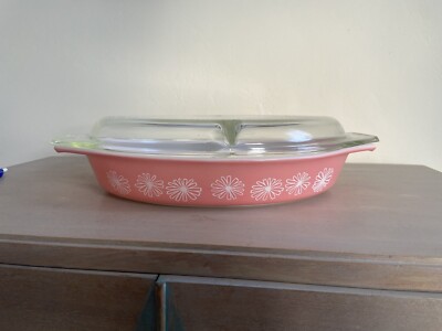 Vintage Pyrex #043 Pink Daisy Flower Casserole Dish Oblong Divided 2pc ...