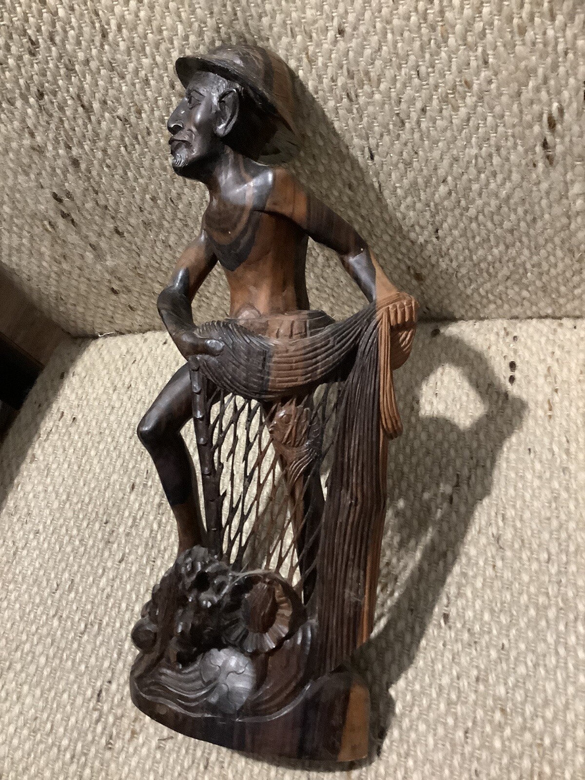 Fisherman With Net Wood Vintage Balinese Sculpture Figurine 30cm Tall ...