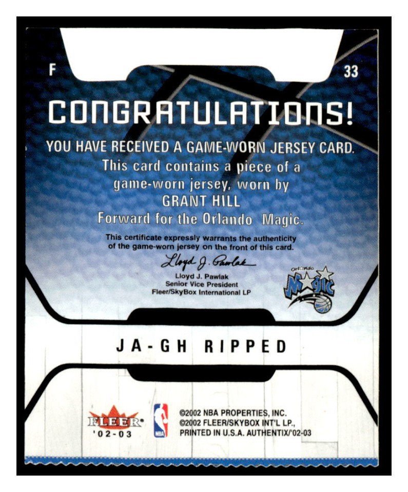 Grant Hill 2002 Fleer Authentix JA-GH MEM Jersey Authentix | eBay