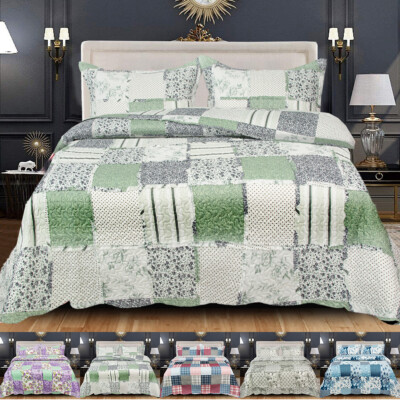 3 PCS Quilted Patchwork Bedspread Bed Throw Single Double King Size ...
