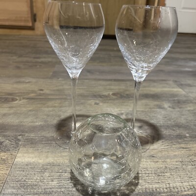 PIER 1 REFLECTIONS Crackle 9" Wine Glasses W/ Accent Decor Sphere Vase ...